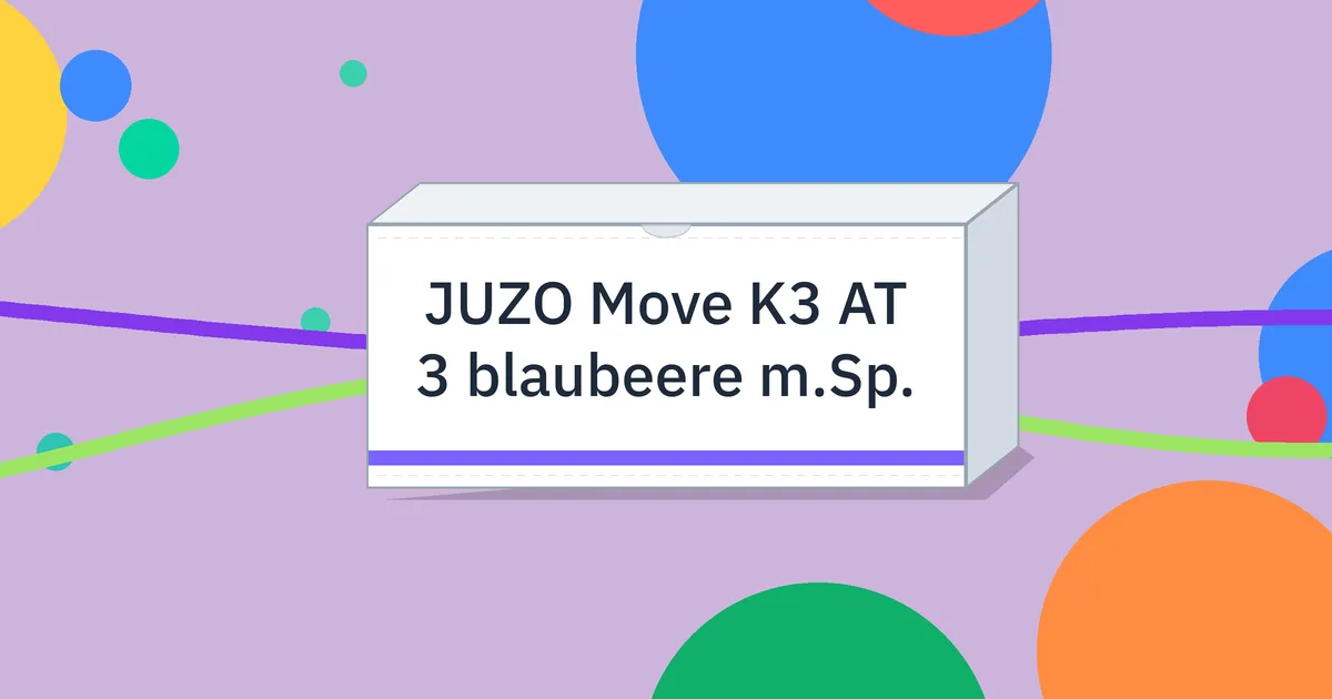 Symbolbild: Packung mit der Aufschrift JUZO Move K3 AT 3 blaubeere m.Sp. (PZN 20677012) – Verfügbarkeit und Bezug in Apotheken in Frankfurt am Main