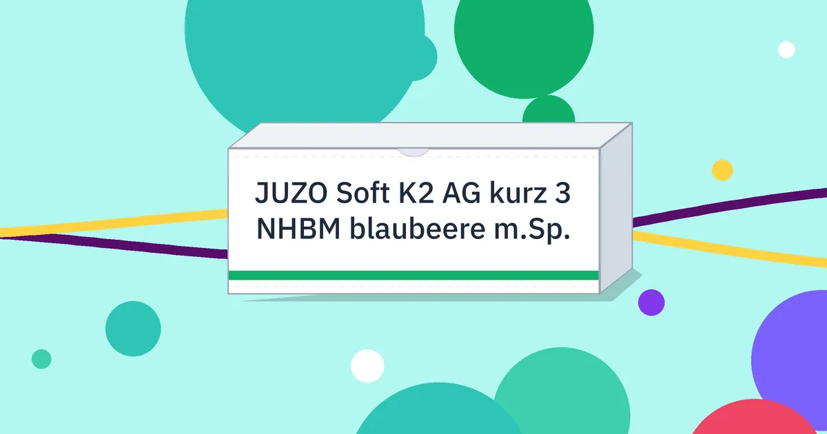 Symbolbild: Packung mit der Aufschrift JUZO Soft K2 AG kurz 3 NHBM blaubeere m.Sp. (PZN 15020149) – Verfügbarkeit und Bezug in Apotheken in Frankfurt am Main
