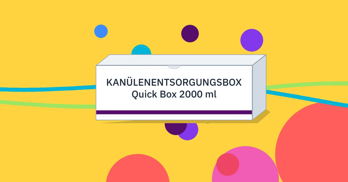 Symbolbild: Packung mit der Aufschrift KANÜLENENTSORGUNGSBOX Quick Box 2000 ml (PZN 09618517) – Verfügbarkeit und Bezug in Apotheken in Frankfurt am Main