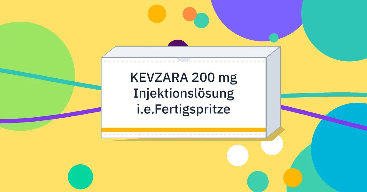 Symbolbild: Packung mit der Aufschrift KEVZARA 200 mg Injektionslösung i.e.Fertigspritze (PZN 16663004) – Verfügbarkeit und Bezug in Apotheken in Frankfurt am Main