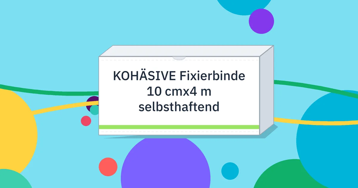 Symbolbild: Packung mit der Aufschrift KOHÄSIVE Fixierbinde 10 cmx4 m selbsthaftend (PZN 17542596) – Verfügbarkeit und Bezug in Apotheken in Frankfurt am Main