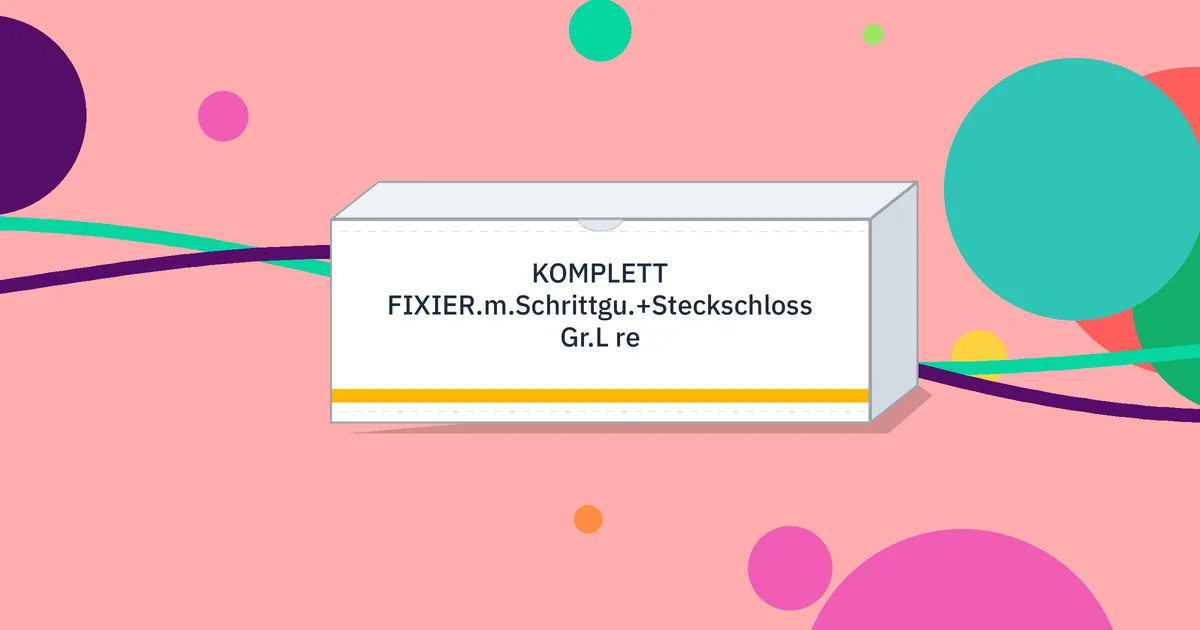 Symbolbild: Packung mit der Aufschrift KOMPLETT FIXIER.m.Schrittgu.+Steckschloss Gr.L re (PZN 11573578) – Verfügbarkeit und Bezug in Apotheken in Frankfurt am Main