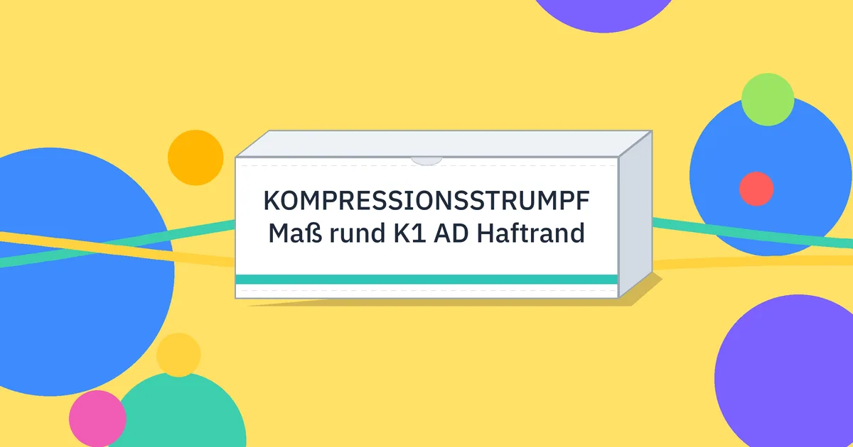 Symbolbild: Packung mit der Aufschrift KOMPRESSIONSSTRUMPF Maß rund K1 AD Haftrand (PZN 10011507) – Verfügbarkeit und Bezug in Apotheken in Frankfurt am Main