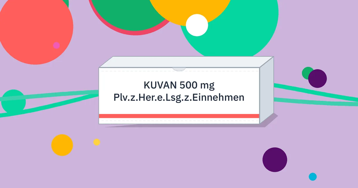 Symbolbild: Packung mit der Aufschrift KUVAN 500 mg Plv.z.Her.e.Lsg.z.Einnehmen (PZN 13348561) – Verfügbarkeit und Bezug in Apotheken in Frankfurt am Main