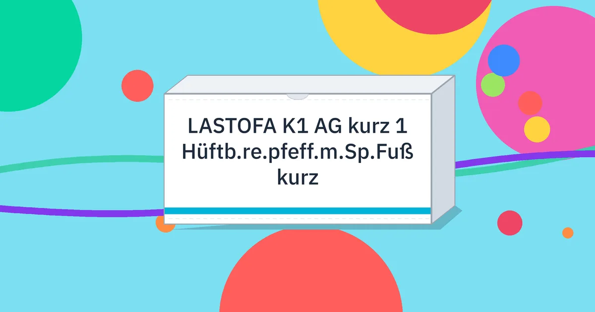 Symbolbild: Packung mit der Aufschrift LASTOFA K1 AG kurz 1 Hüftb.re.pfeff.m.Sp.Fuß kurz (PZN 13797514) – Verfügbarkeit und Bezug in Apotheken in Frankfurt am Main