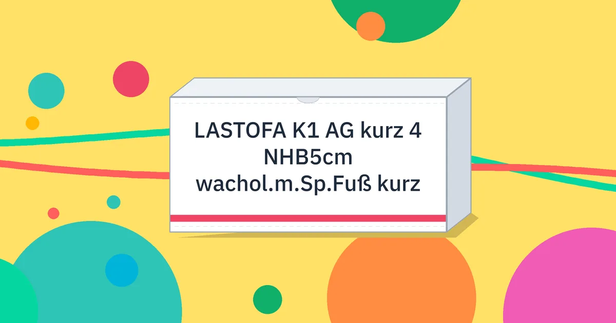 Symbolbild: Packung mit der Aufschrift LASTOFA K1 AG kurz 4 NHB5cm wachol.m.Sp.Fuß kurz (PZN 13792221) – Verfügbarkeit und Bezug in Apotheken in Frankfurt am Main