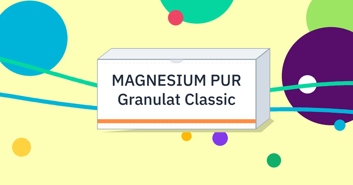 Symbolbild: Packung mit der Aufschrift MAGNESIUM PUR Granulat Classic (PZN 18409379) – Verfügbarkeit und Bezug in Apotheken in Frankfurt am Main