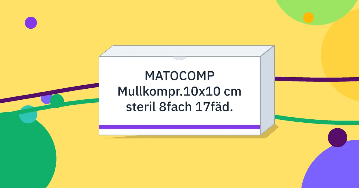 Symbolbild: Packung mit der Aufschrift MATOCOMP Mullkompr.10x10 cm steril 8fach 17fäd. (PZN 03749454) – Verfügbarkeit und Bezug in Apotheken in Frankfurt am Main