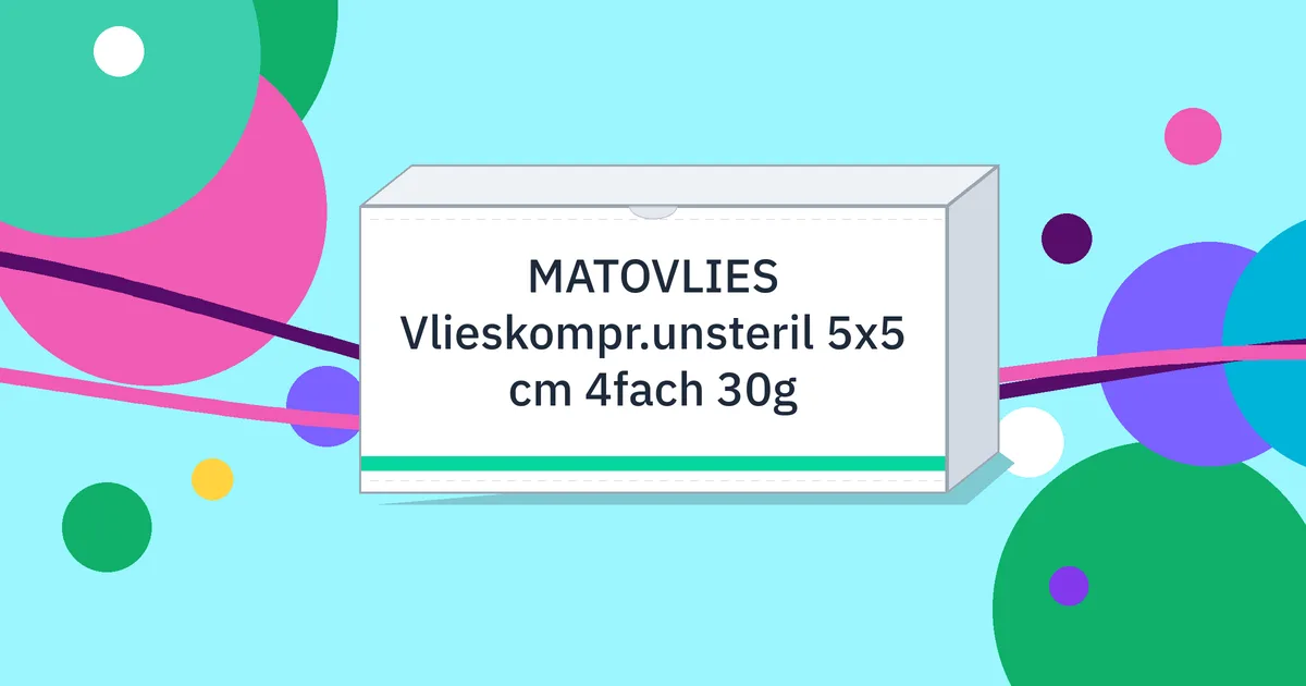 Symbolbild: Packung mit der Aufschrift MATOVLIES Vlieskompr.unsteril 5x5 cm 4fach 30g (PZN 00589814) – Verfügbarkeit und Bezug in Apotheken in Frankfurt am Main