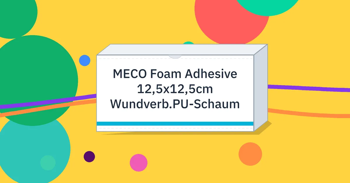 Symbolbild: Packung mit der Aufschrift MECO Foam Adhesive 12,5x12,5cm Wundverb.PU-Schaum (PZN 17843961) – Verfügbarkeit und Bezug in Apotheken in Frankfurt am Main