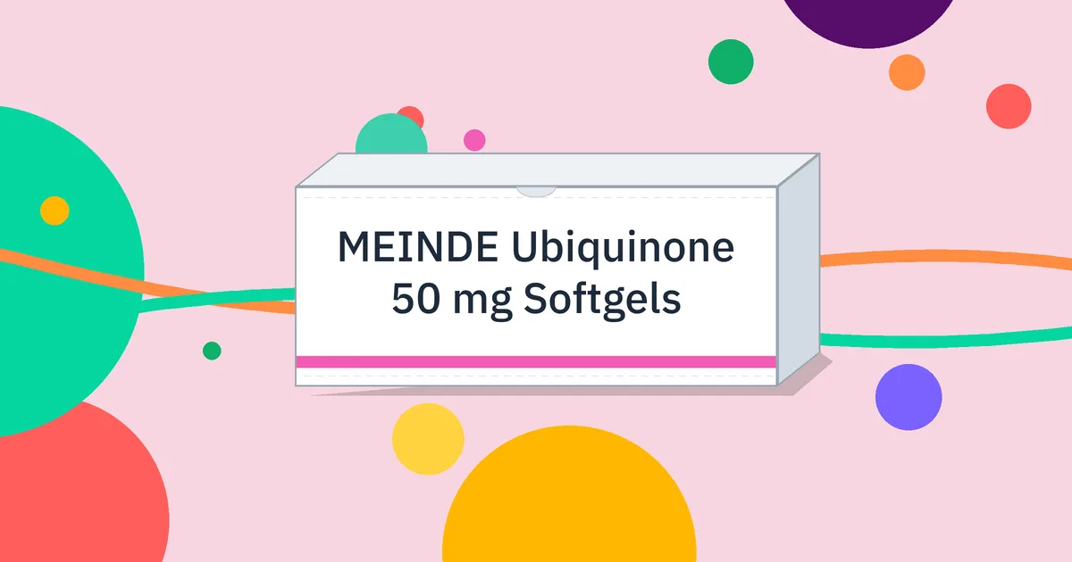 Symbolbild: Packung mit der Aufschrift MEINDE Ubiquinone 50 mg Softgels (PZN 20104003) – Verfügbarkeit und Bezug in Apotheken in Frankfurt am Main