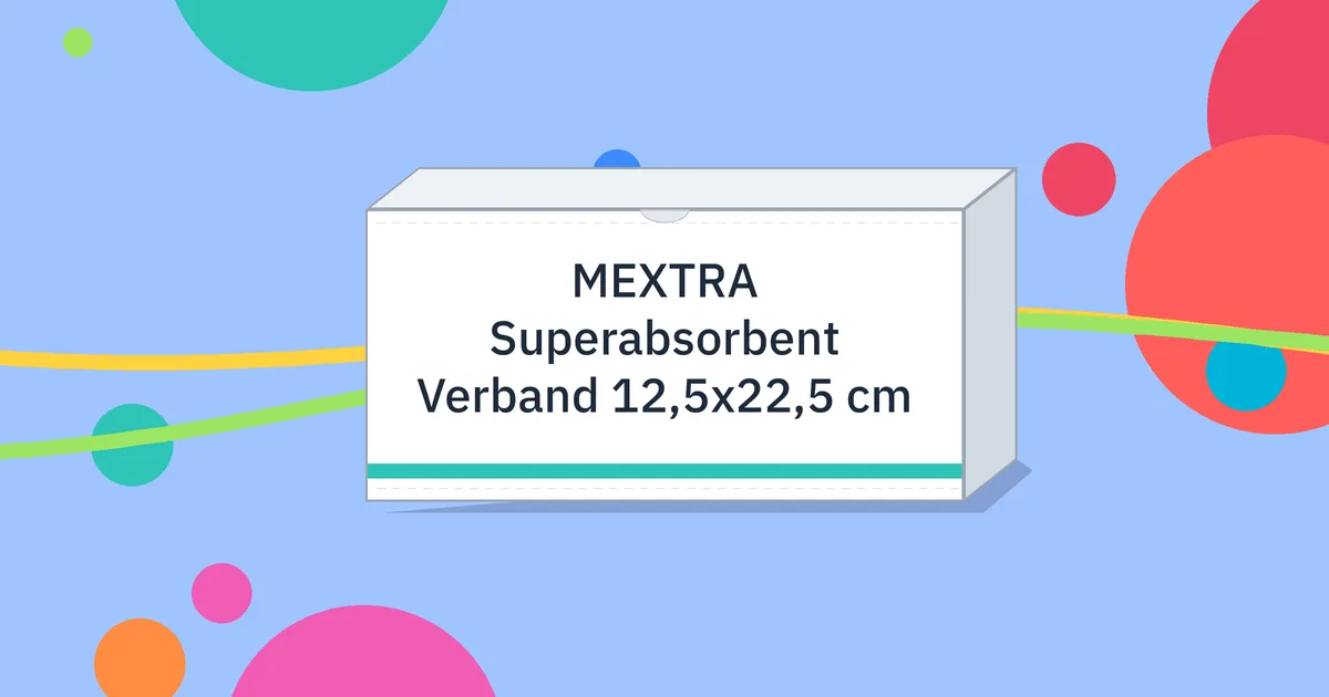 Symbolbild: Packung mit der Aufschrift MEXTRA Superabsorbent Verband 12,5x22,5 cm (PZN 19962233) – Verfügbarkeit und Bezug in Apotheken in Frankfurt am Main