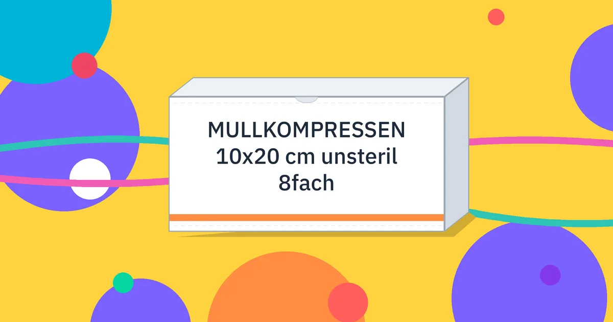 Symbolbild: Packung mit der Aufschrift MULLKOMPRESSEN 10x20 cm unsteril 8fach (PZN 08821481) – Verfügbarkeit und Bezug in Apotheken in Frankfurt am Main
