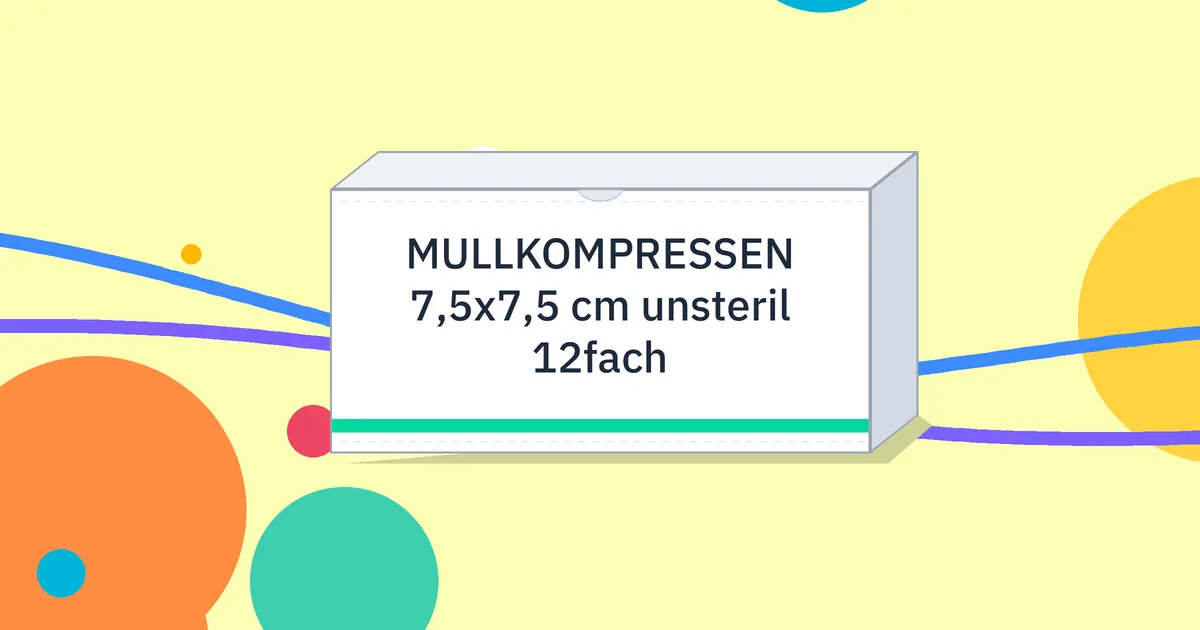 Symbolbild: Packung mit der Aufschrift MULLKOMPRESSEN 7,5x7,5 cm unsteril 12fach (PZN 00430775) – Verfügbarkeit und Bezug in Apotheken in Frankfurt am Main
