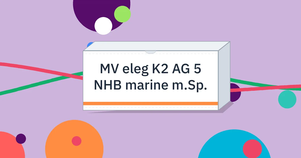 Symbolbild: Packung mit der Aufschrift MV eleg K2 AG 5 NHB marine m.Sp. (PZN 15731264) – Verfügbarkeit und Bezug in Apotheken in Frankfurt am Main