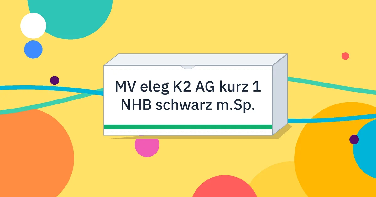 Symbolbild: Packung mit der Aufschrift MV eleg K2 AG kurz 1 NHB schwarz m.Sp. (PZN 15717324) – Verfügbarkeit und Bezug in Apotheken in Frankfurt am Main