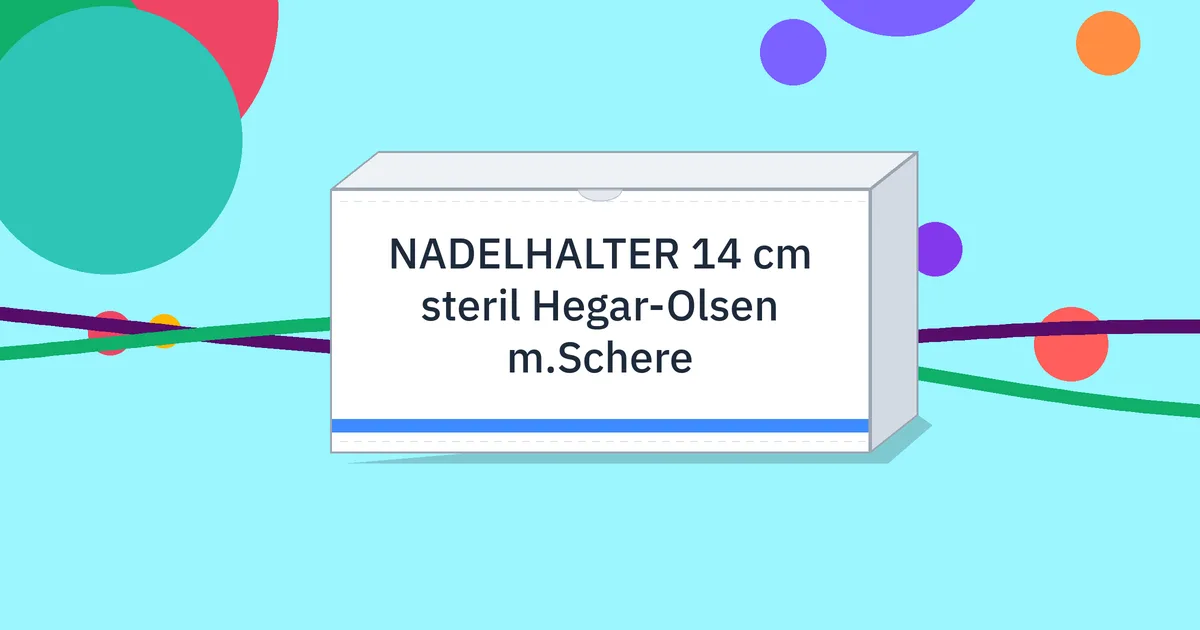 Symbolbild: Packung mit der Aufschrift NADELHALTER 14 cm steril Hegar-Olsen m.Schere (PZN 19978122) – Verfügbarkeit und Bezug in Apotheken in Frankfurt am Main