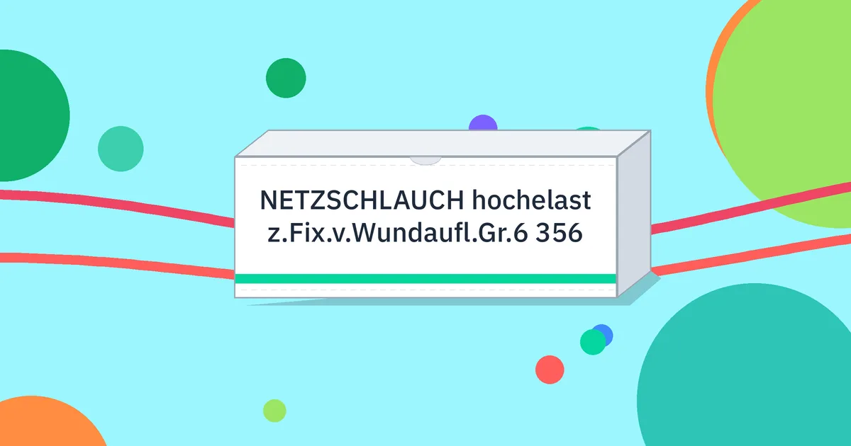 Symbolbild: Packung mit der Aufschrift NETZSCHLAUCH hochelast z.Fix.v.Wundaufl.Gr.6 356 (PZN 04303772) – Verfügbarkeit und Bezug in Apotheken in Frankfurt am Main