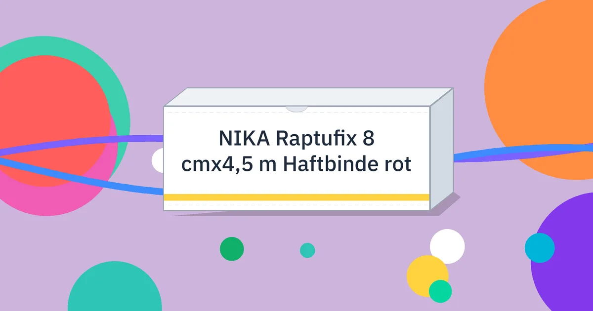 Symbolbild: Packung mit der Aufschrift NIKA Raptufix 8 cmx4,5 m Haftbinde rot (PZN 19078648) – Verfügbarkeit und Bezug in Apotheken in Frankfurt am Main