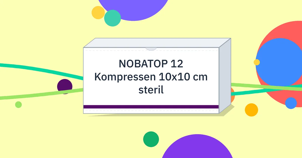 Symbolbild: Packung mit der Aufschrift NOBATOP 12 Kompressen 10x10 cm steril (PZN 16259616) – Verfügbarkeit und Bezug in Apotheken in Frankfurt am Main