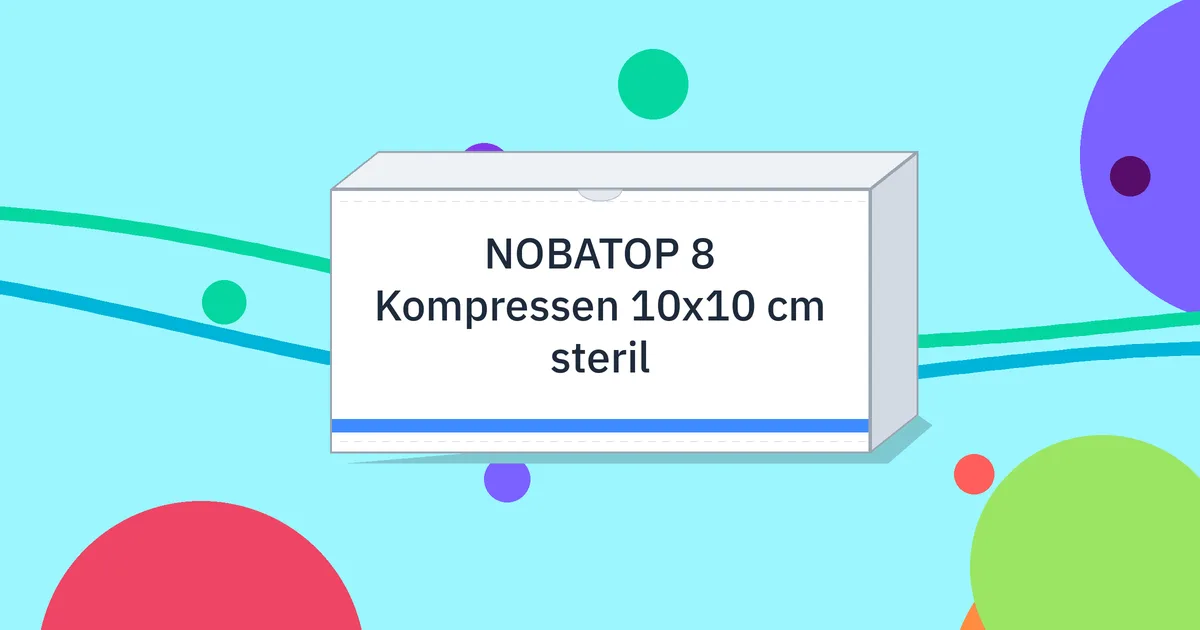 Symbolbild: Packung mit der Aufschrift NOBATOP 8 Kompressen 10x10 cm steril (PZN 05508631) – Verfügbarkeit und Bezug in Apotheken in Frankfurt am Main