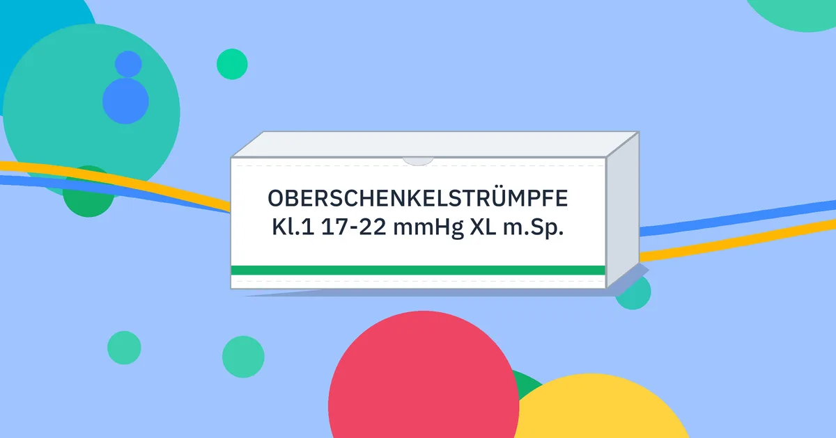Symbolbild: Packung mit der Aufschrift OBERSCHENKELSTRÜMPFE Kl.1 17-22 mmHg XL m.Sp. (PZN 19072338) – Verfügbarkeit und Bezug in Apotheken in Frankfurt am Main