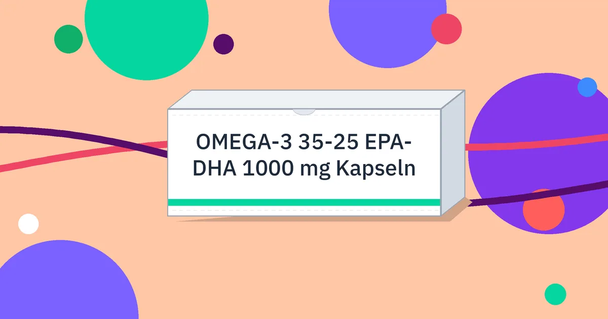 Symbolbild: Packung mit der Aufschrift OMEGA-3 35-25 EPA-DHA 1000 mg Kapseln (PZN 18167120) – Verfügbarkeit und Bezug in Apotheken in Frankfurt am Main
