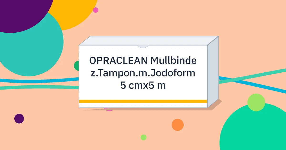 Symbolbild: Packung mit der Aufschrift OPRACLEAN Mullbinde z.Tampon.m.Jodoform 5 cmx5 m (PZN 11382921) – Verfügbarkeit und Bezug in Apotheken in Frankfurt am Main