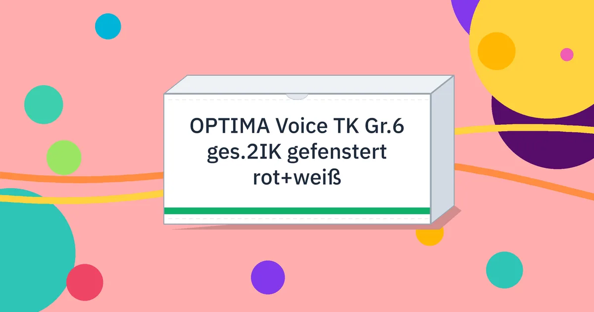 Symbolbild: Packung mit der Aufschrift OPTIMA Voice TK Gr.6 ges.2IK gefenstert rot+weiß (PZN 10287793) – Verfügbarkeit und Bezug in Apotheken in Frankfurt am Main