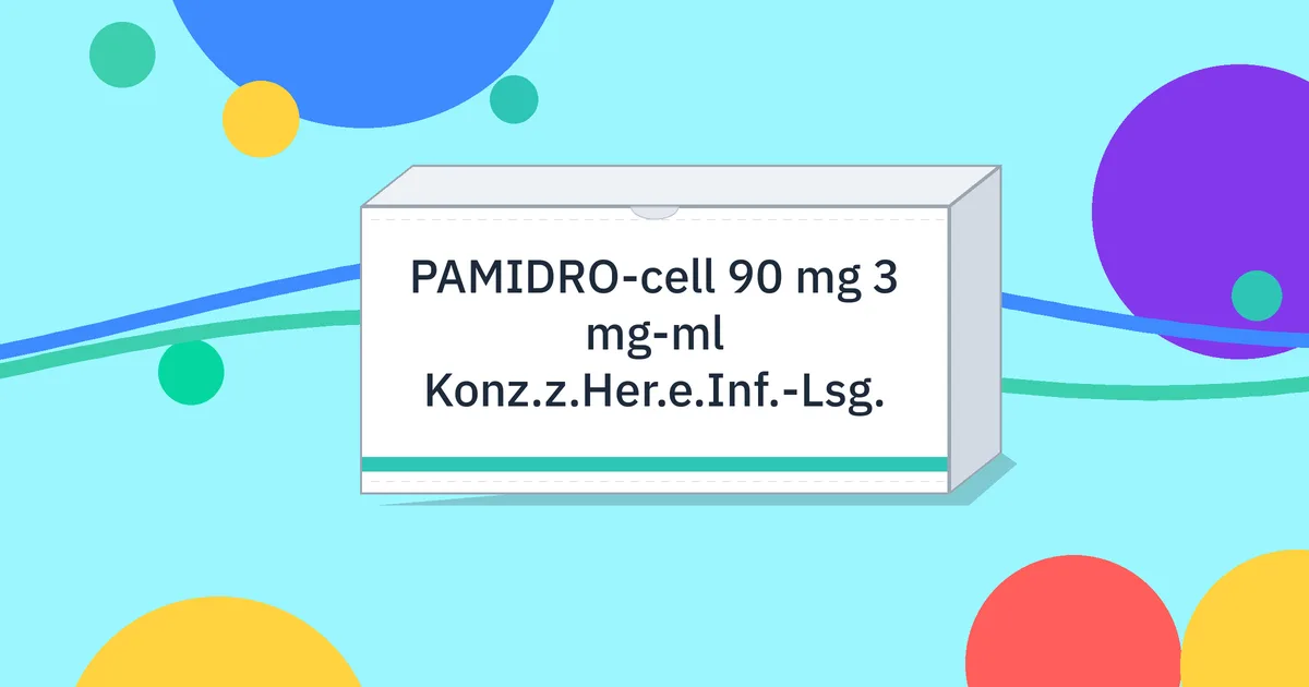 Symbolbild: Packung mit der Aufschrift PAMIDRO-cell 90 mg 3 mg-ml Konz.z.Her.e.Inf.-Lsg. (PZN 03145897) – Verfügbarkeit und Bezug in Apotheken in Frankfurt am Main