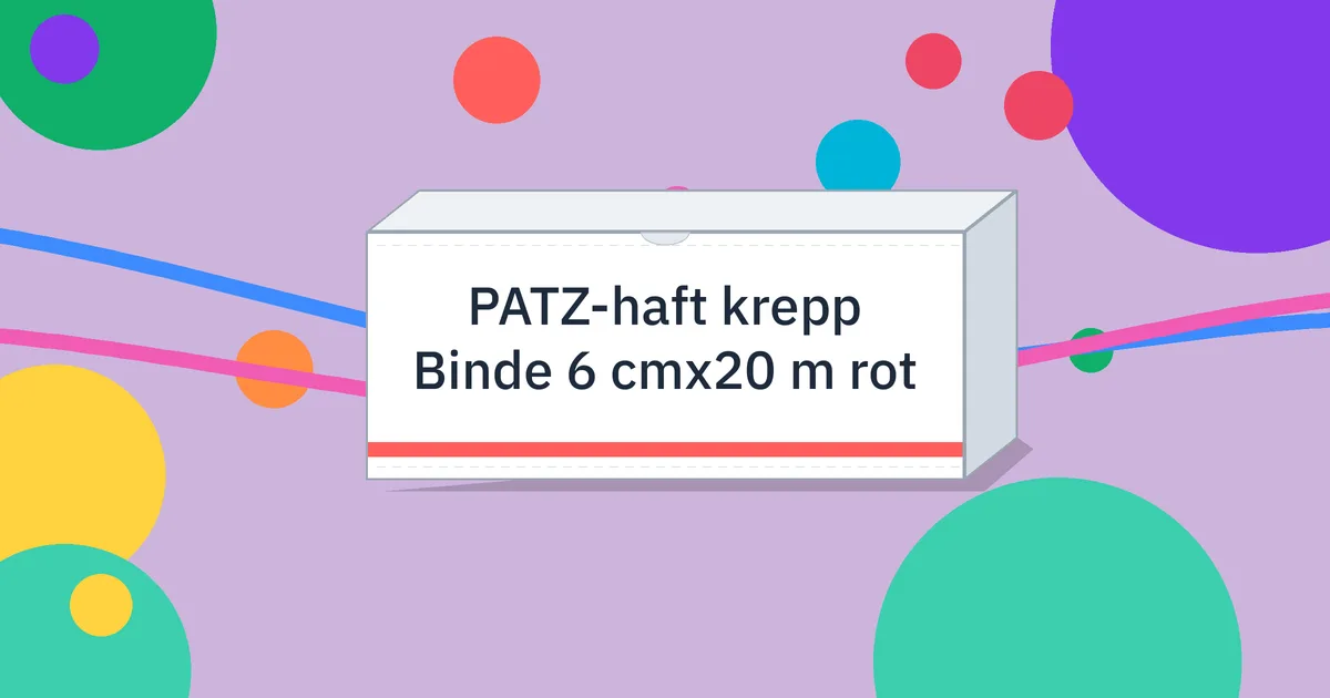 Symbolbild: Packung mit der Aufschrift PATZ-haft krepp Binde 6 cmx20 m rot (PZN 06814637) – Verfügbarkeit und Bezug in Apotheken in Frankfurt am Main