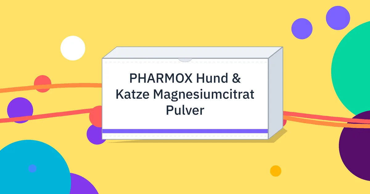 Symbolbild: Packung mit der Aufschrift PHARMOX Hund & Katze Magnesiumcitrat Pulver (PZN 18738930) – Verfügbarkeit und Bezug in Apotheken in Frankfurt am Main