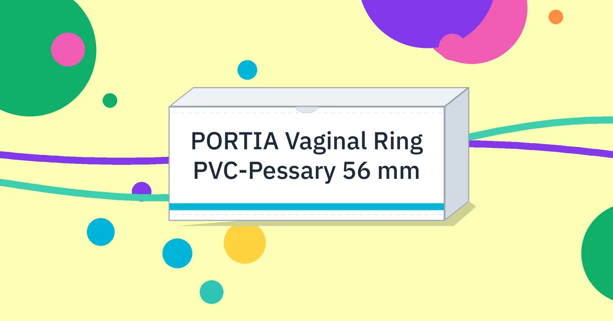 Symbolbild: Packung mit der Aufschrift PORTIA Vaginal Ring PVC-Pessary 56 mm (PZN 12742907) – Verfügbarkeit und Bezug in Apotheken in Frankfurt am Main