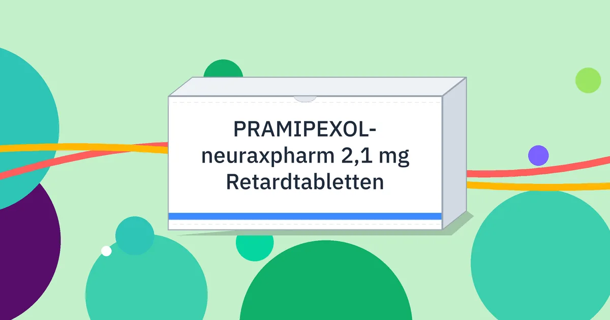 Symbolbild: Packung mit der Aufschrift PRAMIPEXOL-neuraxpharm 2,1 mg Retardtabletten (PZN 12419974) – Verfügbarkeit und Bezug in Apotheken in Frankfurt am Main