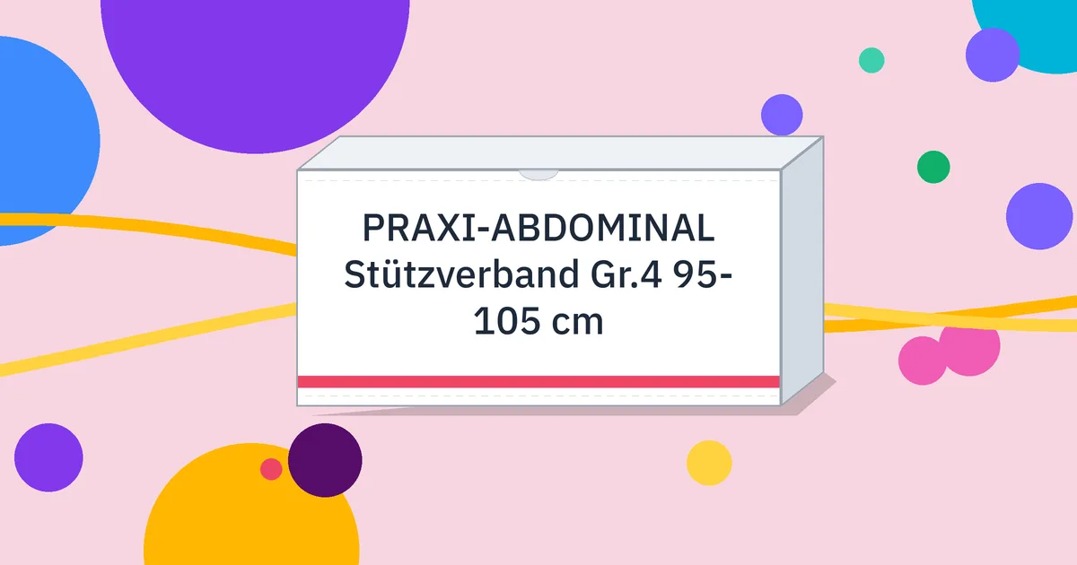 Symbolbild: Packung mit der Aufschrift PRAXI-ABDOMINAL Stützverband Gr.4 95-105 cm (PZN 12825303) – Verfügbarkeit und Bezug in Apotheken in Frankfurt am Main