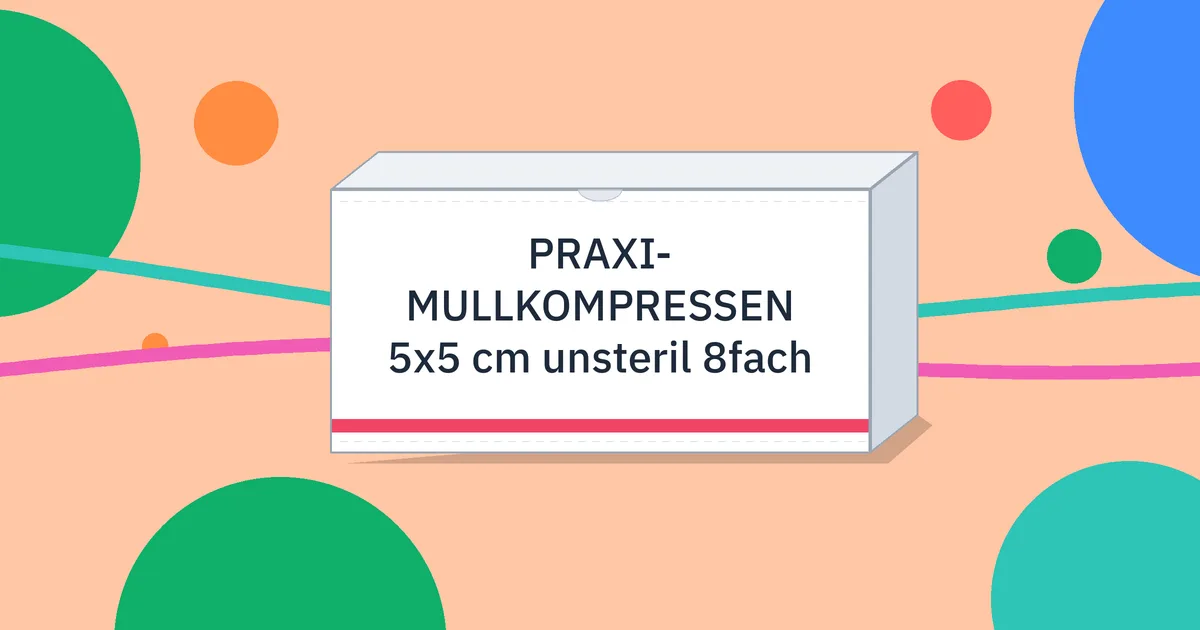 Symbolbild: Packung mit der Aufschrift PRAXI-MULLKOMPRESSEN 5x5 cm unsteril 8fach (PZN 12827472) – Verfügbarkeit und Bezug in Apotheken in Frankfurt am Main