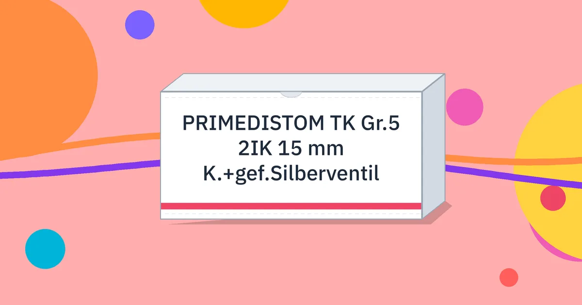 Symbolbild: Packung mit der Aufschrift PRIMEDISTOM TK Gr.5 2IK 15 mm K.+gef.Silberventil (PZN 10230066) – Verfügbarkeit und Bezug in Apotheken in Frankfurt am Main