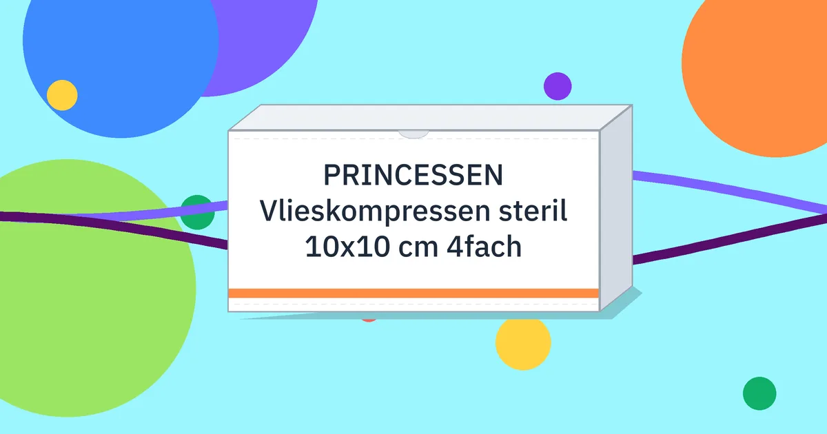 Symbolbild: Packung mit der Aufschrift PRINCESSEN Vlieskompressen steril 10x10 cm 4fach (PZN 16353858) – Verfügbarkeit und Bezug in Apotheken in Frankfurt am Main