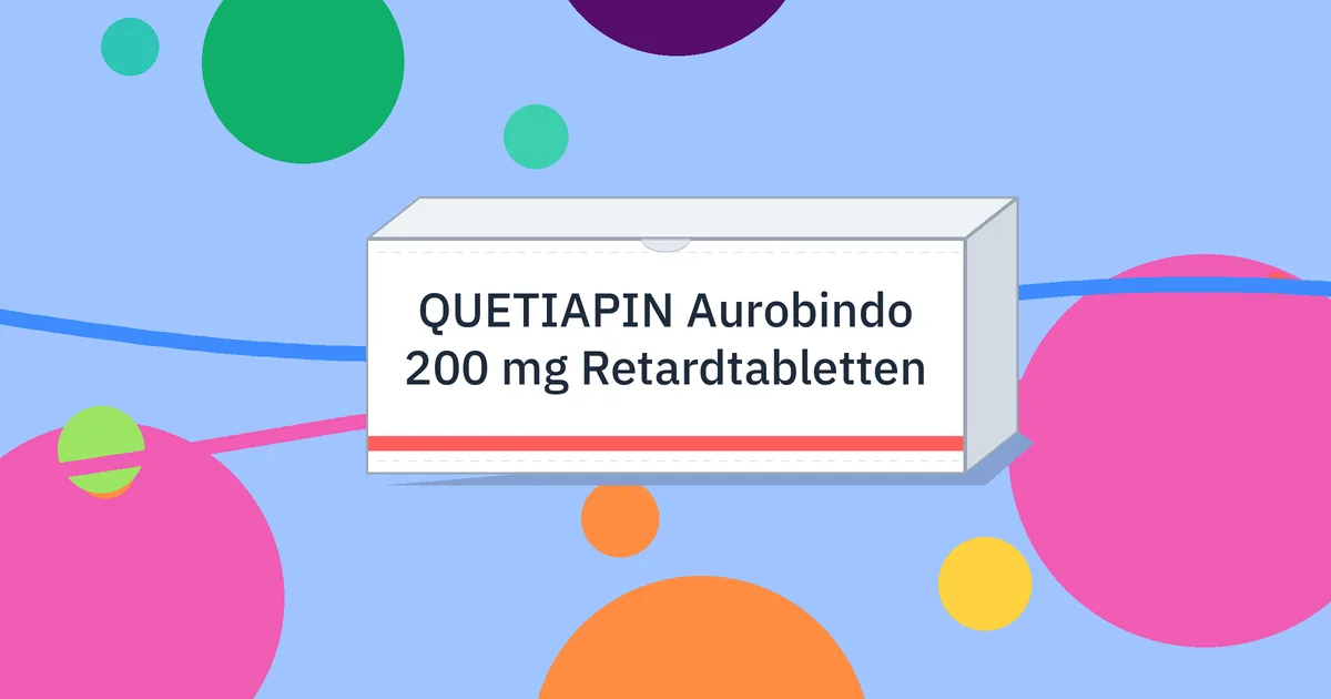 Symbolbild: Packung mit der Aufschrift QUETIAPIN Aurobindo 200 mg Retardtabletten (PZN 18428833) – Verfügbarkeit und Bezug in Apotheken in Frankfurt am Main