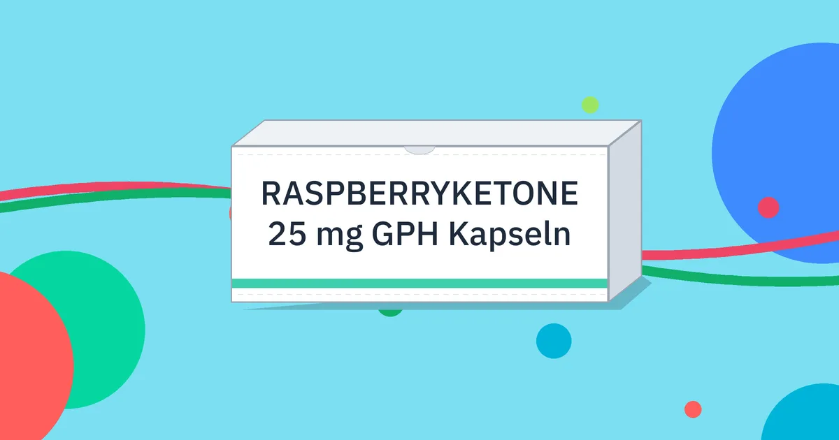 Symbolbild: Packung mit der Aufschrift RASPBERRYKETONE 25 mg GPH Kapseln (PZN 10977575) – Verfügbarkeit und Bezug in Apotheken in Frankfurt am Main
