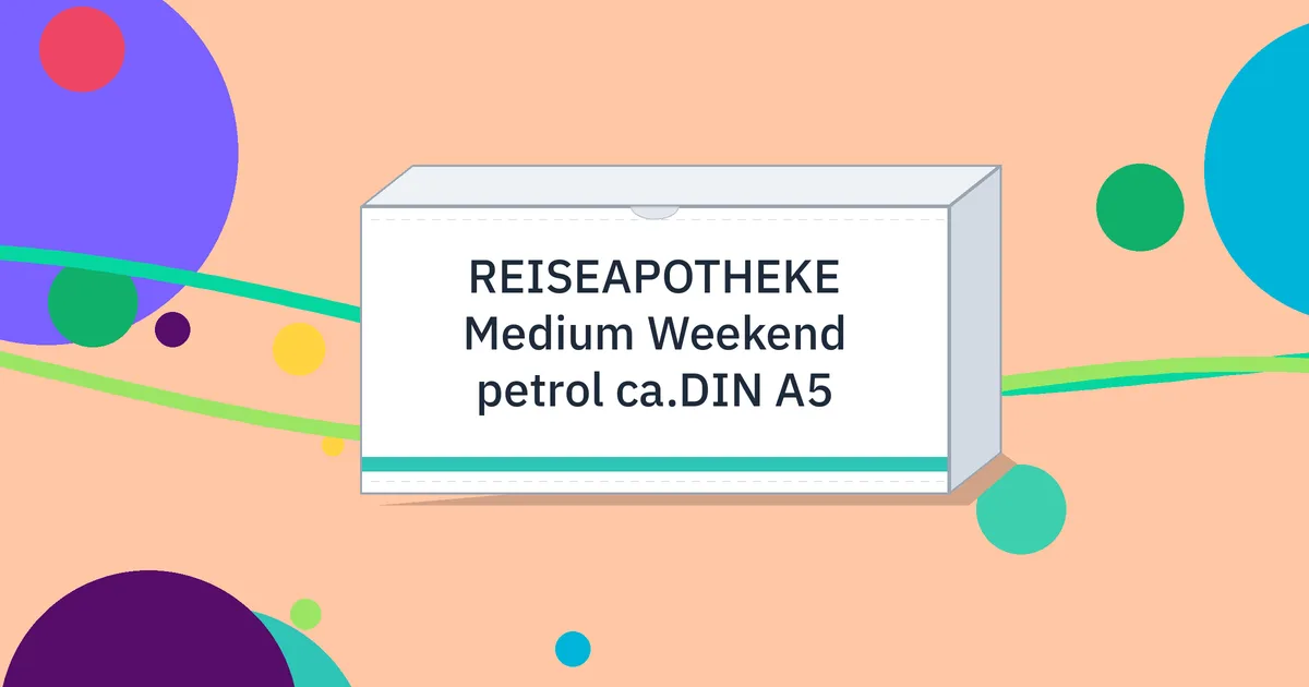 Symbolbild: Packung mit der Aufschrift REISEAPOTHEKE Medium Weekend petrol ca.DIN A5 (PZN 05519362) – Verfügbarkeit und Bezug in Apotheken in Frankfurt am Main