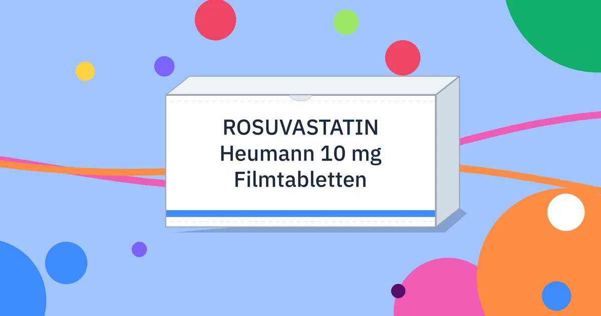 Symbolbild: Packung mit der Aufschrift ROSUVASTATIN Heumann 10 mg Filmtabletten (PZN 12397385) – Verfügbarkeit und Bezug in Apotheken in Frankfurt am Main