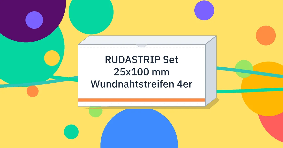Symbolbild: Packung mit der Aufschrift RUDASTRIP Set 25x100 mm Wundnahtstreifen 4er (PZN 15893127) – Verfügbarkeit und Bezug in Apotheken in Frankfurt am Main