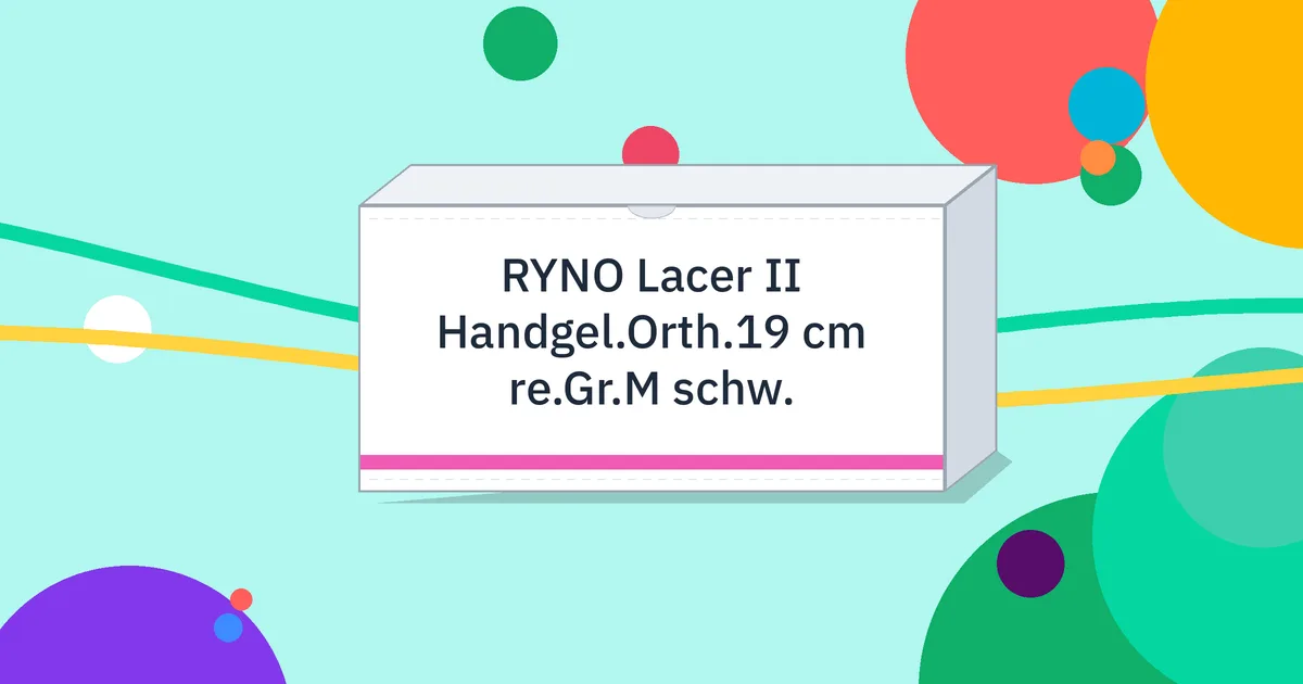 Symbolbild: Packung mit der Aufschrift RYNO Lacer II Handgel.Orth.19 cm re.Gr.M schw. (PZN 14048507) – Verfügbarkeit und Bezug in Apotheken in Frankfurt am Main