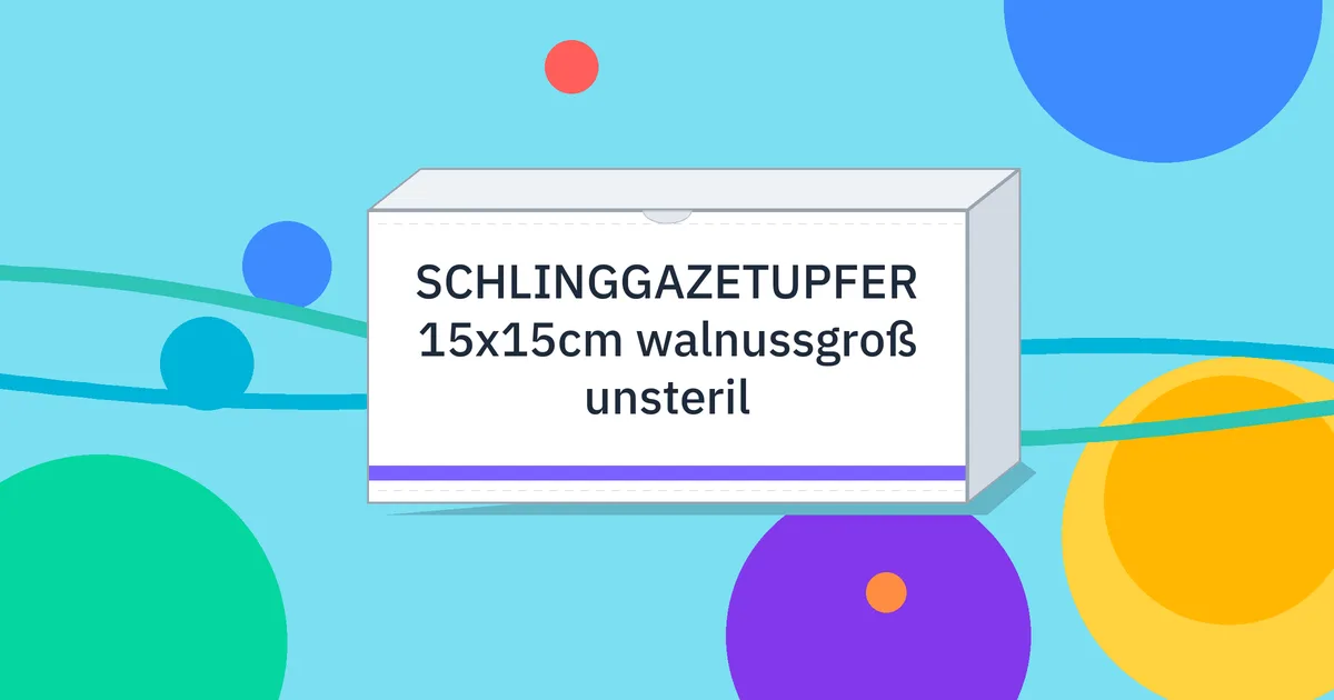 Symbolbild: Packung mit der Aufschrift SCHLINGGAZETUPFER 15x15cm walnussgroß unsteril (PZN 00430858) – Verfügbarkeit und Bezug in Apotheken in Frankfurt am Main