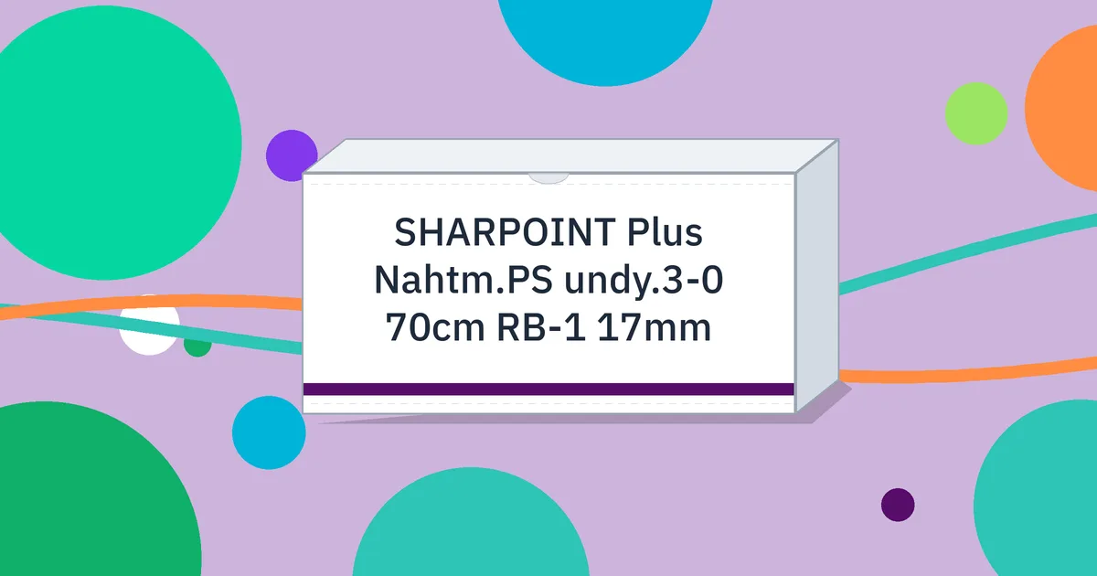 Symbolbild: Packung mit der Aufschrift SHARPOINT Plus Nahtm.PS undy.3-0 70cm RB-1 17mm (PZN 17995582) – Verfügbarkeit und Bezug in Apotheken in Frankfurt am Main