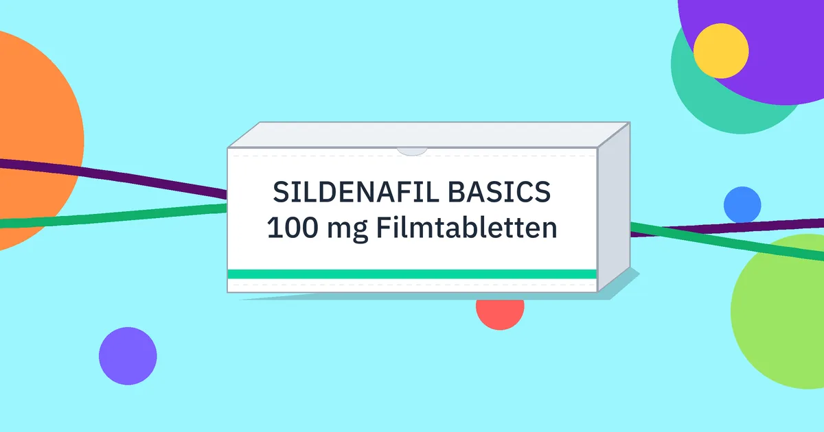 Symbolbild: Packung mit der Aufschrift SILDENAFIL BASICS 100 mg Filmtabletten (PZN 12145962) – Verfügbarkeit und Bezug in Apotheken in Frankfurt am Main