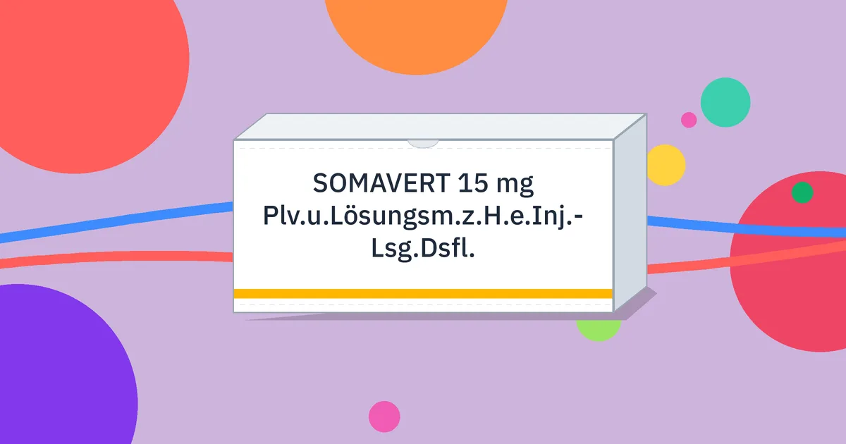 Symbolbild: Packung mit der Aufschrift SOMAVERT 15 mg Plv.u.Lösungsm.z.H.e.Inj.-Lsg.Dsfl. (PZN 07795936) – Verfügbarkeit und Bezug in Apotheken in Frankfurt am Main