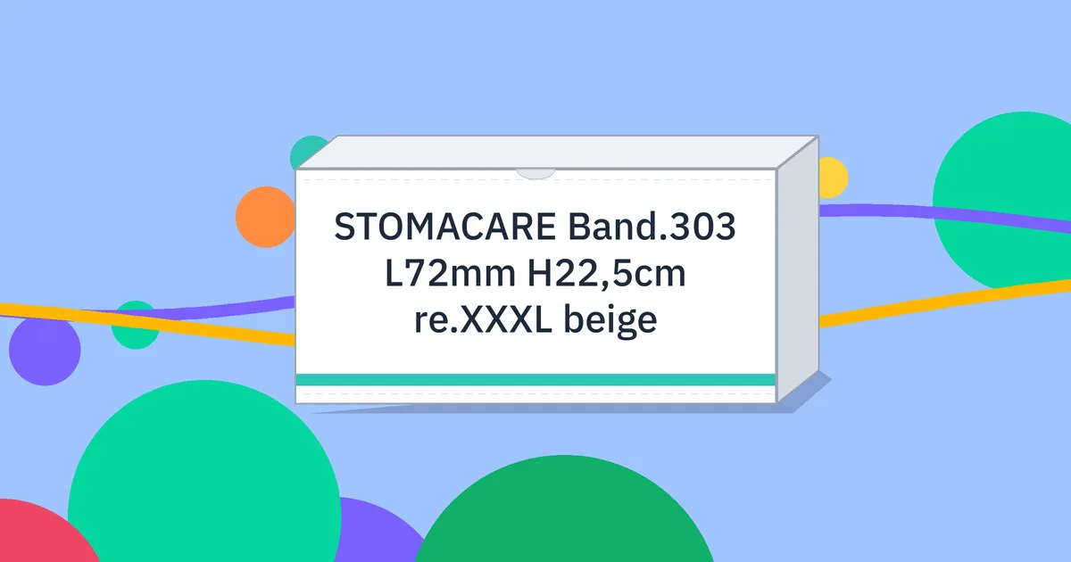 Symbolbild: Packung mit der Aufschrift STOMACARE Band.303 L72mm H22,5cm re.XXXL beige (PZN 10840356) – Verfügbarkeit und Bezug in Apotheken in Frankfurt am Main