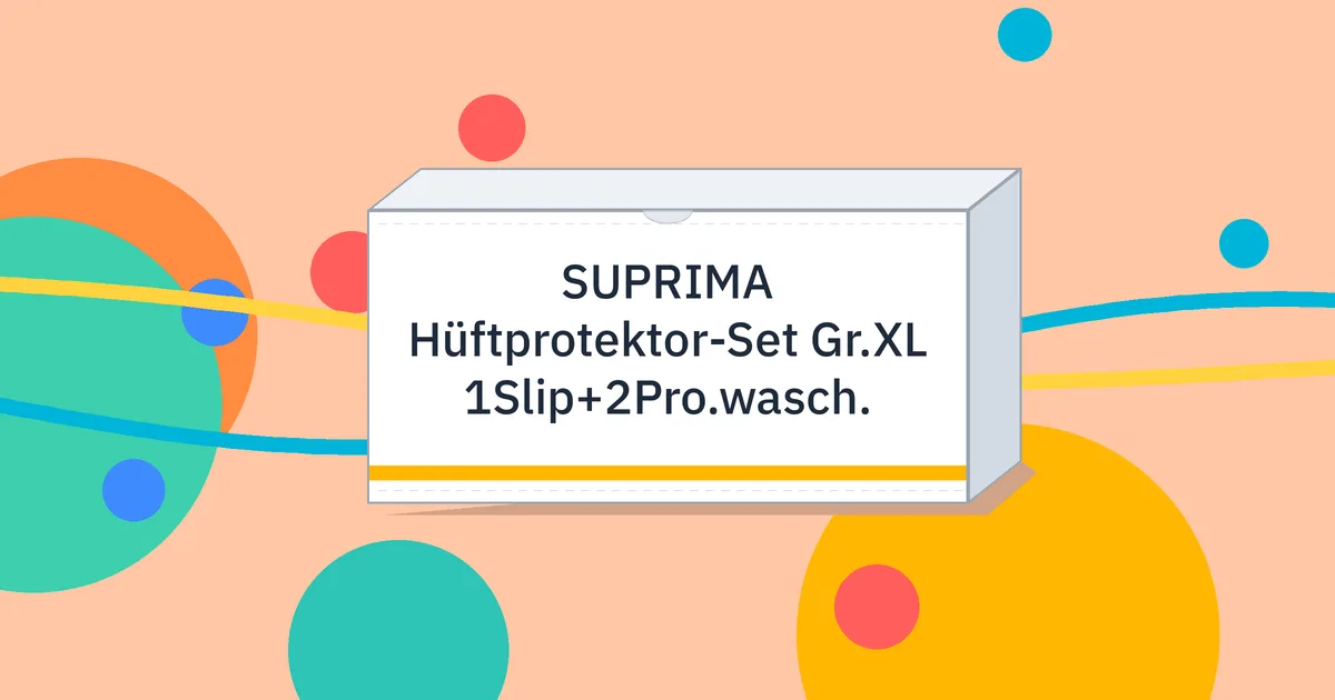 Symbolbild: Packung mit der Aufschrift SUPRIMA Hüftprotektor-Set Gr.XL 1Slip+2Pro.wasch. (PZN 09784434) – Verfügbarkeit und Bezug in Apotheken in Frankfurt am Main